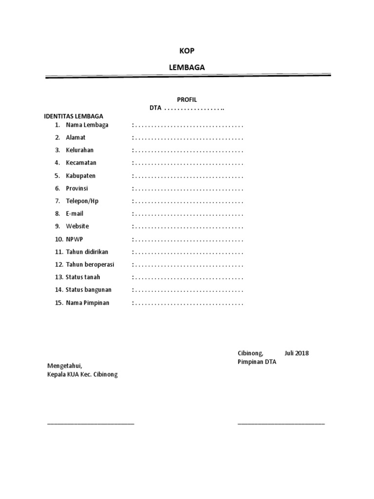KOP Lembaga: Profil DTA - . - . - . - . - . - . - . - . - .. Identitas Lembaga | PDF