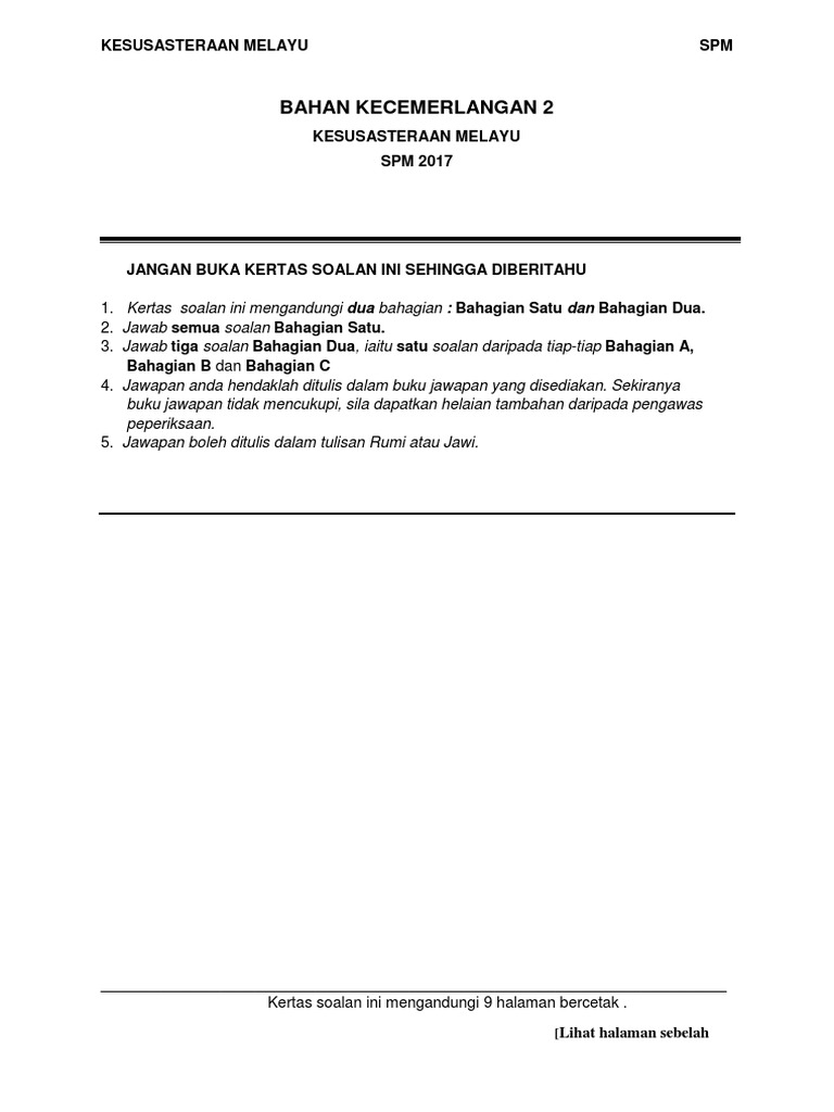 Soalan BK 2 Sastera SPM 2017 | PDF
