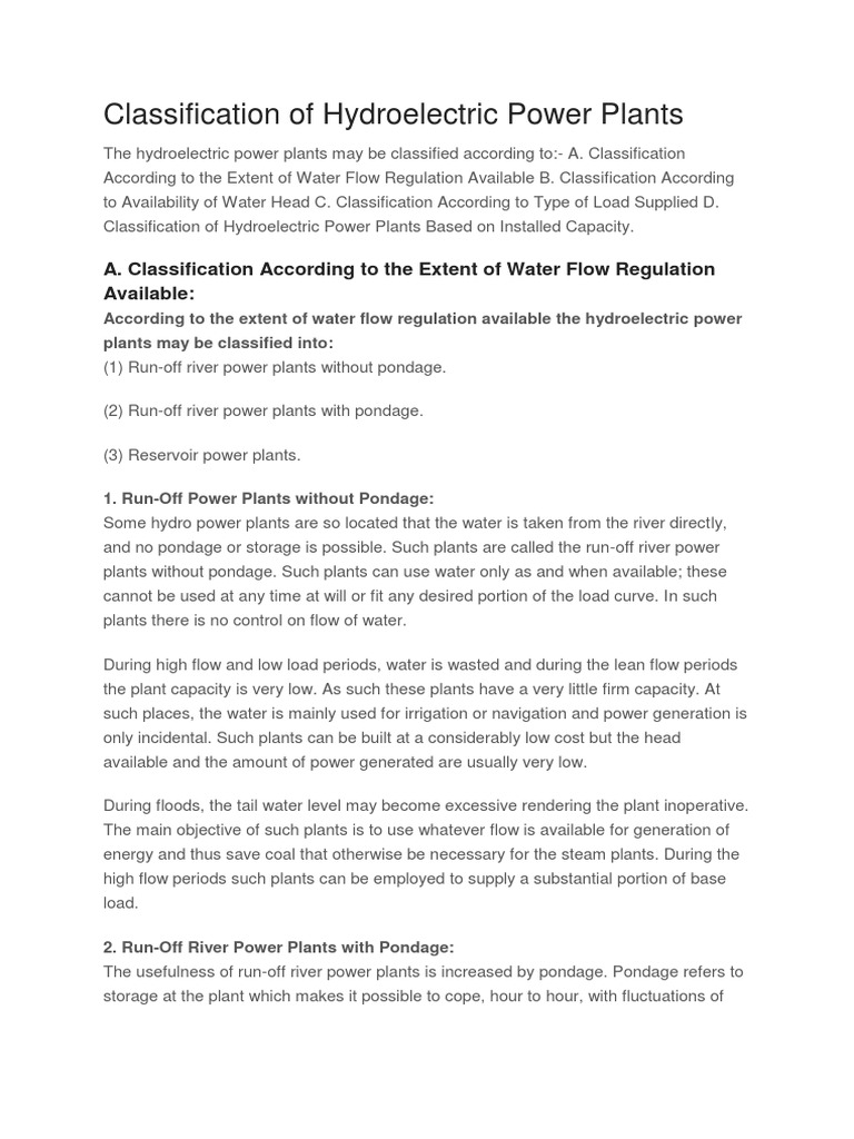 Classification of Hydroelectric Power Plants | PDF | Power Station ...