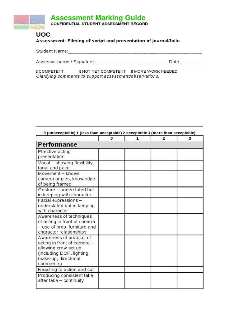 Assessment Marking Guide: Assessment: Filming of Script and ...
