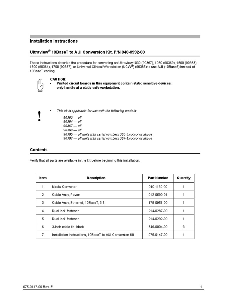 Installation Instructions: Ultraview 10baset To Aui Conversion Kit, P/N ...