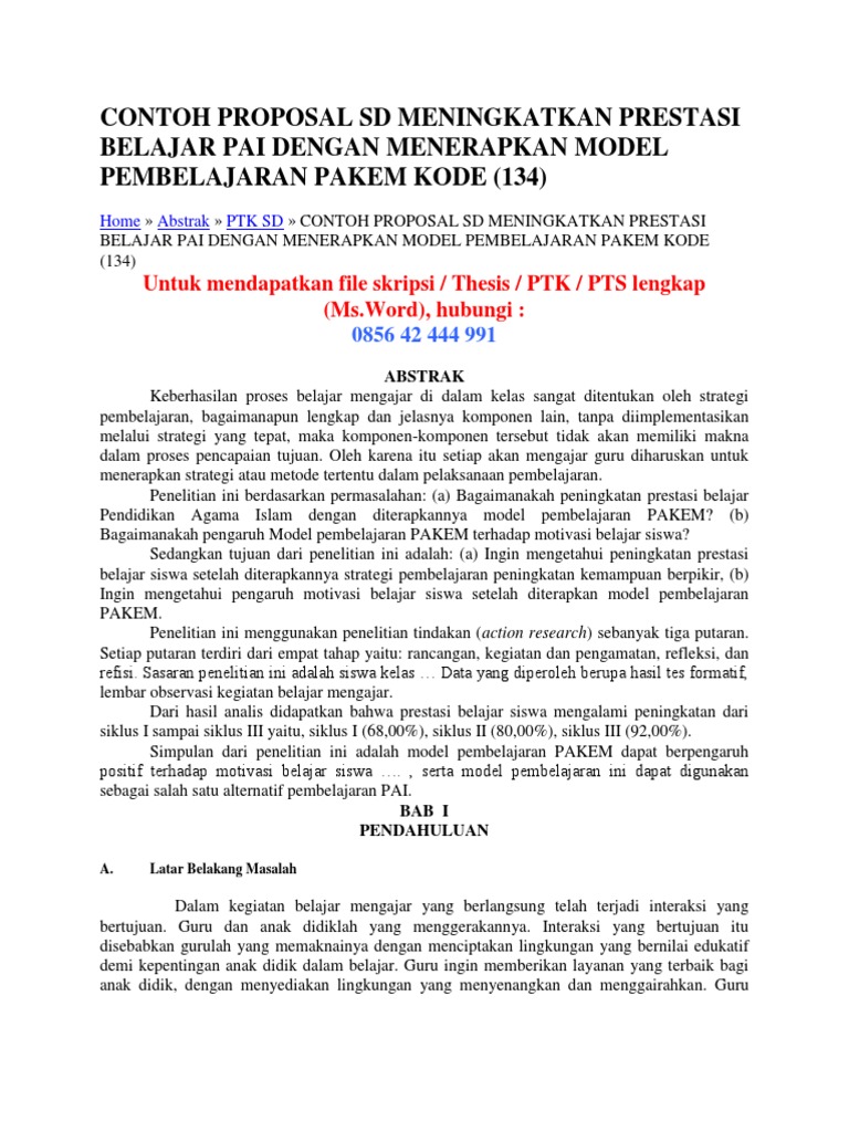 Contoh Proposal SD Meningkatkan Prestasi Belajar Pai Dengan Menerapkan Model Pembelajaran Pakem ...