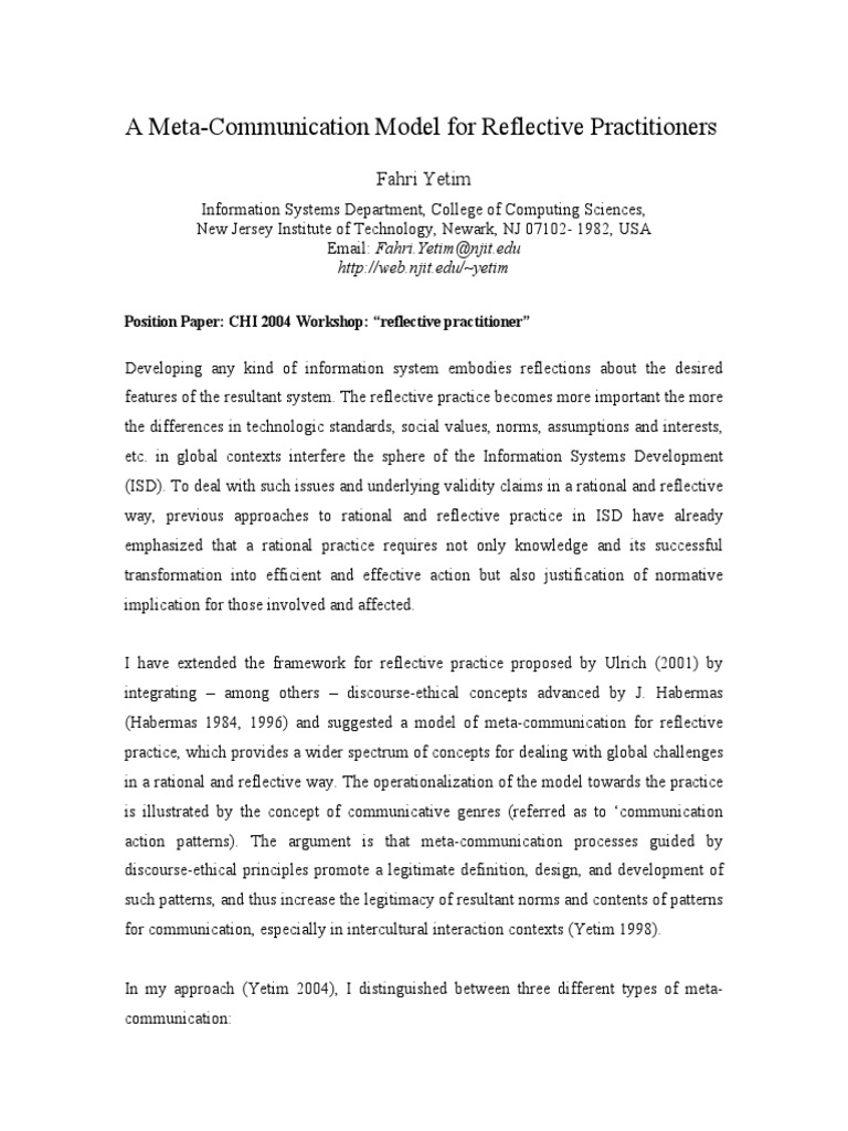 A Meta-Communication Model For Reflective Practitioners: Fahri Yetim ...