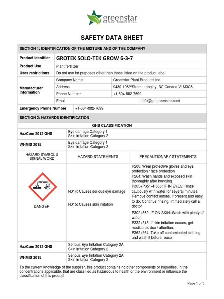 Solo Tek Grow 6 3 7 SDS - 2015 | PDF | Toxicity | Nitrate