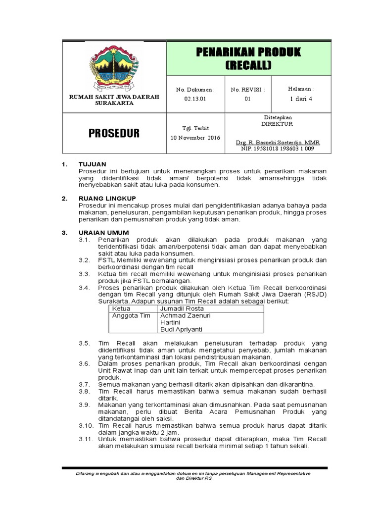 RSJD Surakarta: Prosedur Recall Produk | PDF
