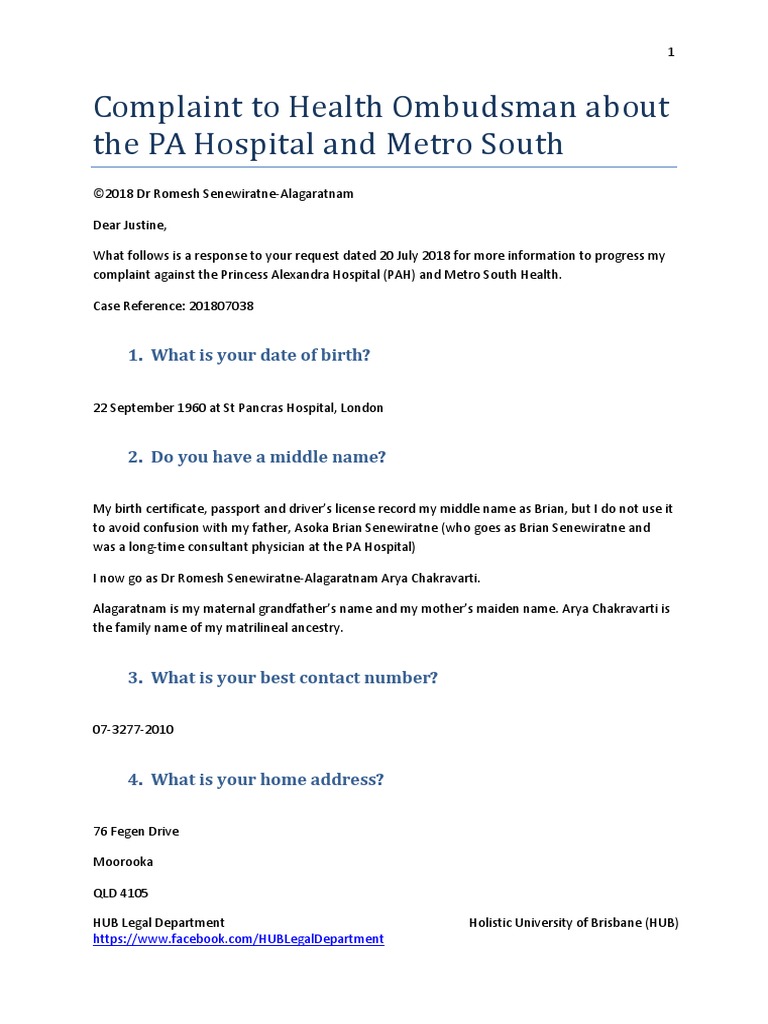 Complaint To Health Ombudsman About PA Hospital and Metro South 23.7. ...