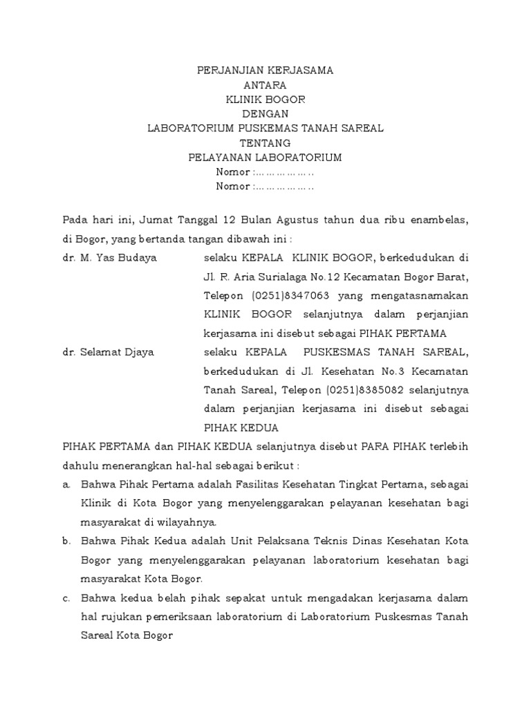 Perjanjian Kerjasama Klinik DGN Lab Puskes | PDF