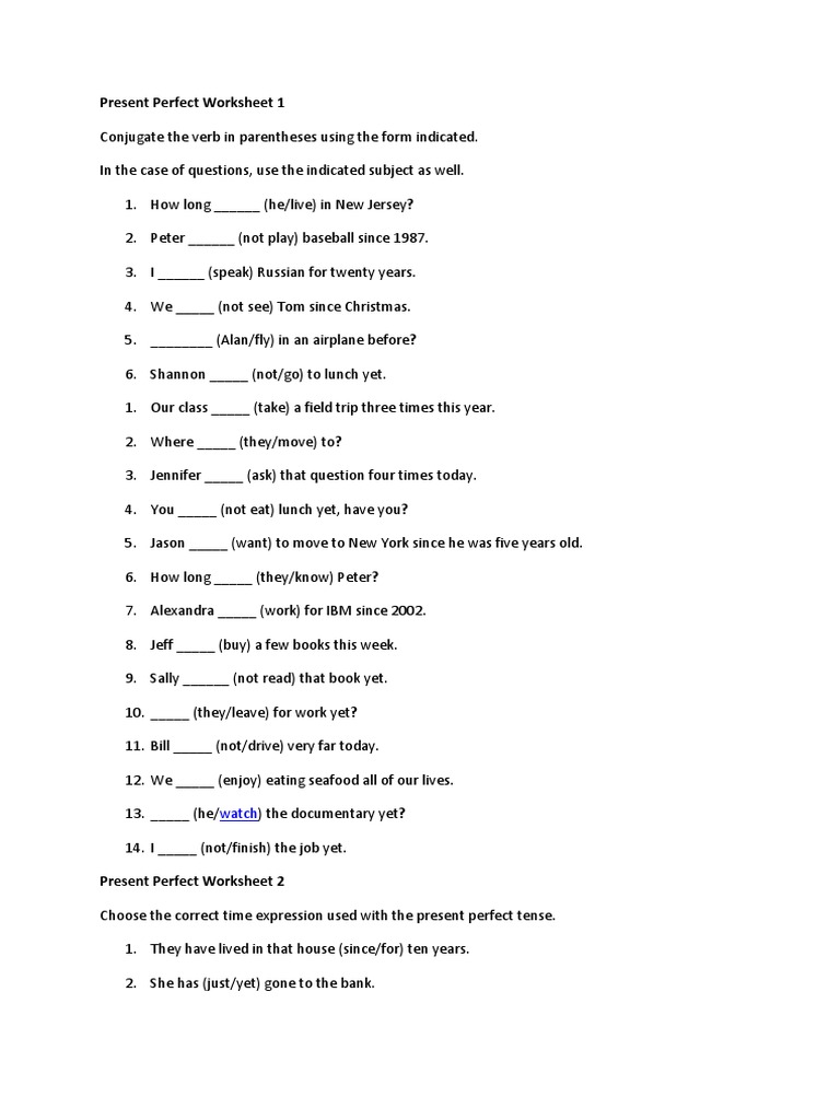 Present Perfect Worksheet 1 | PDF | Grammar