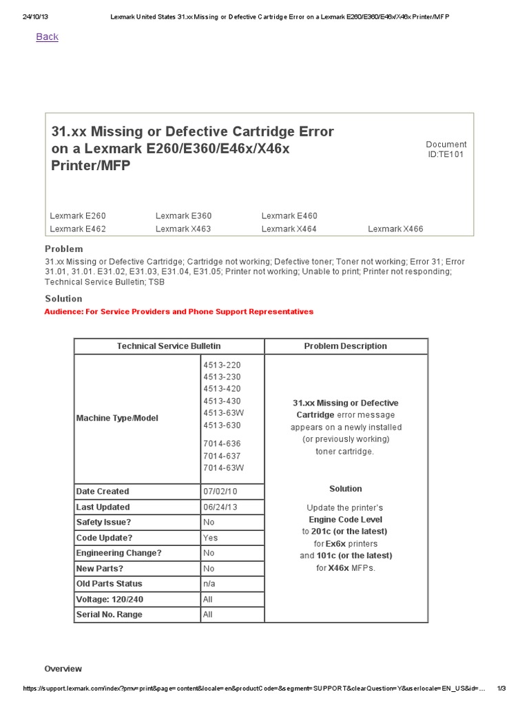 Lexmark E260/E360 Cartridge Error Guide | PDF | Printer (Computing ...