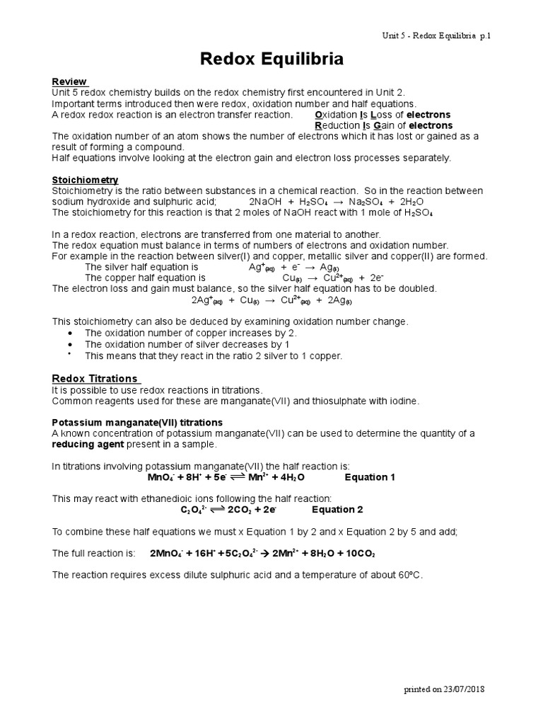 05 Redox Equilibria (5, A) | PDF | Redox | Titration
