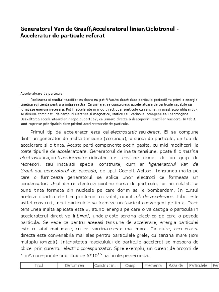 Generatorul Van de Graaff, Acceleratorul Liniar, Ciclotronul ...