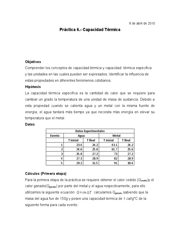 Capacidad Térmica del Agua y Metales | PDF | Calor | Capacidad calorífica