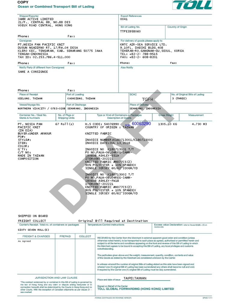 Bill of Lading Toll - TTPE3958060 | PDF
