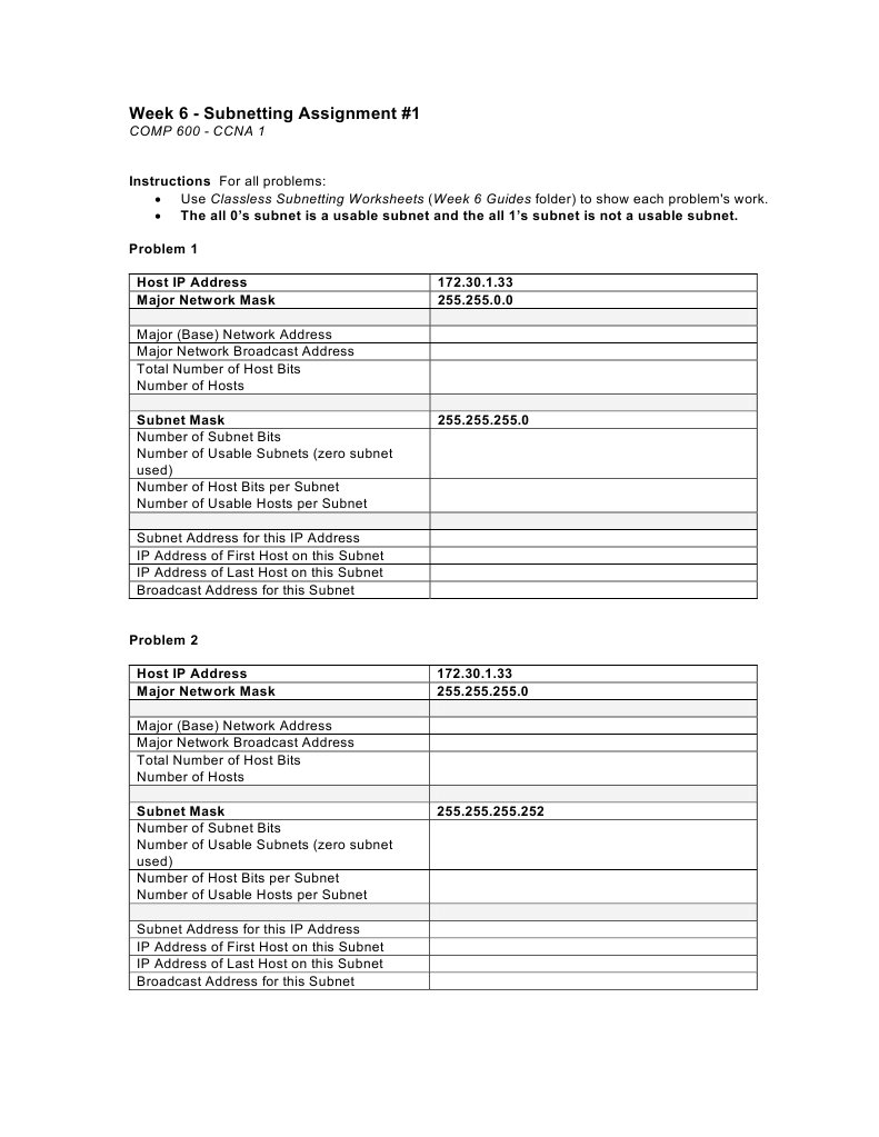 Week 6 - Subnetting Assignment #1: Comp 600 - Ccna 1 | PDF | Ip Address | Network Layer Protocols