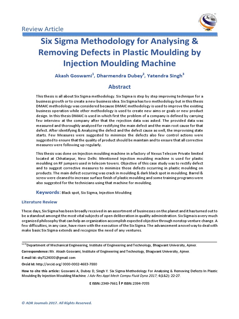 Six Sigma Methodology For Analysing & Removing Defects in Plastic ...