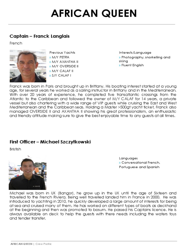 Crew Profile of African Queen Yacht | PDF | Yacht | France
