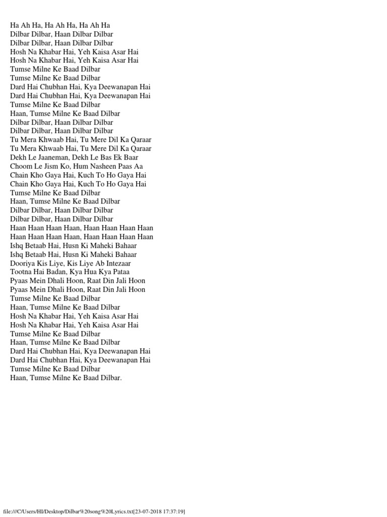 Dilbar Song Lyrics