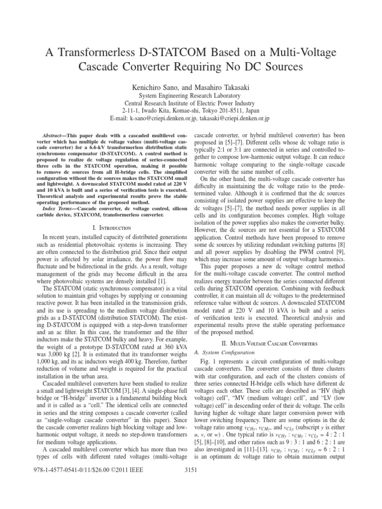 A Transformerless D-STATCOM Based On A Multi-Voltage Cascade Converter Requiring No DC Sources ...