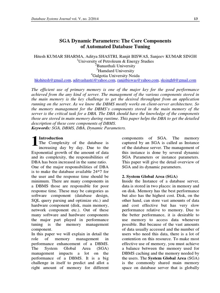 Sga Dynamic Parameters The Core Components Of Automated Database Tuning Pdf Oracle Database