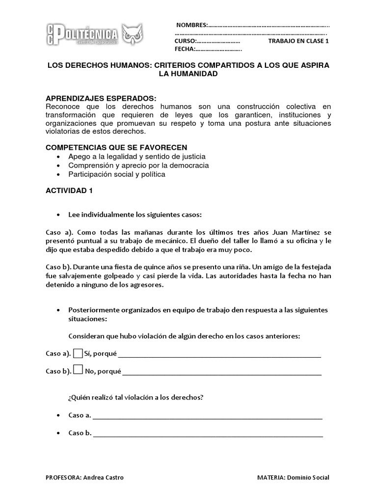Los Derechos Humanos Taller 1 | PDF | Derechos humanos | Derechos