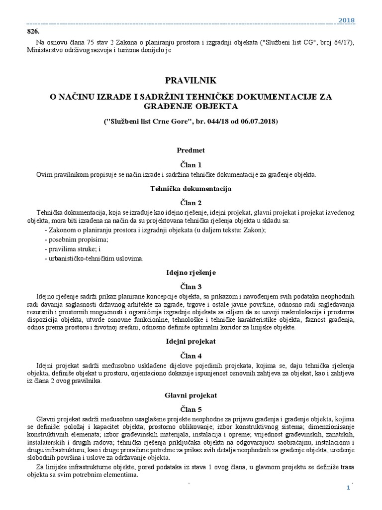 Pravilnik o Nacinu Izrade I Sadrzini Tehnicke Dokumentacije Za Gradjenje Objekta 2018 | PDF