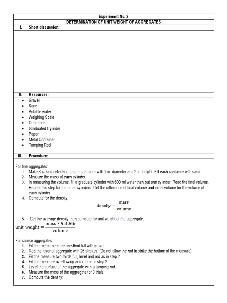 Experiment No. 2 Determination of Unit Weight of Aggregates I. Short ...