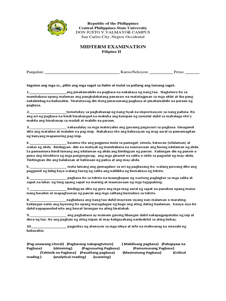 Filipino II Midterm Exam | PDF | Foreign Language Studies