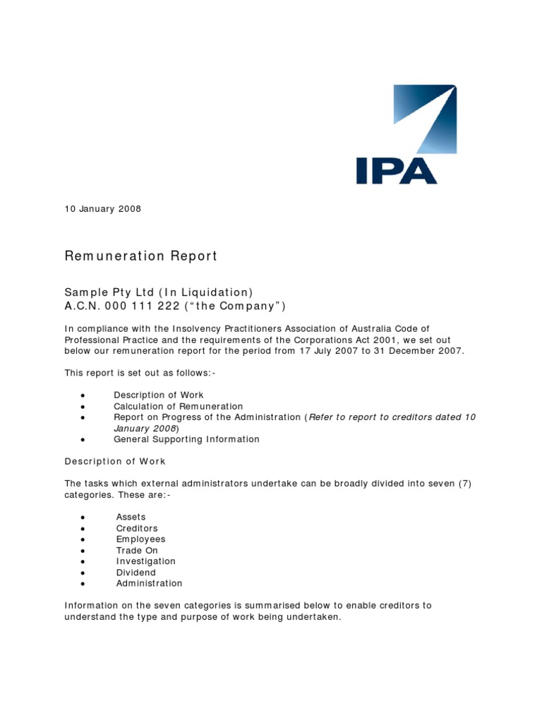 Remuneration Report: Sample Pty LTD (In Liquidation) A.C.N. 000 111 222 ...