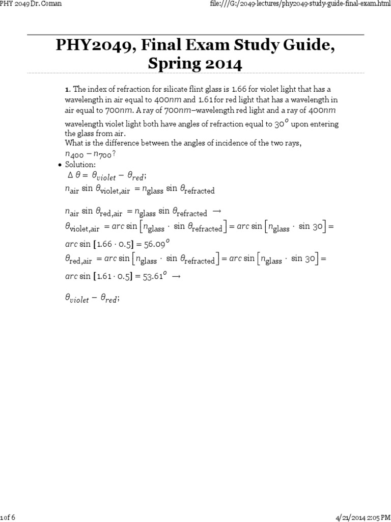 PHY2049, Final Exam Study Guide, Spring 2014: 1.66 400nm 1.61 700nm 700nm 400nm 30 | PDF ...