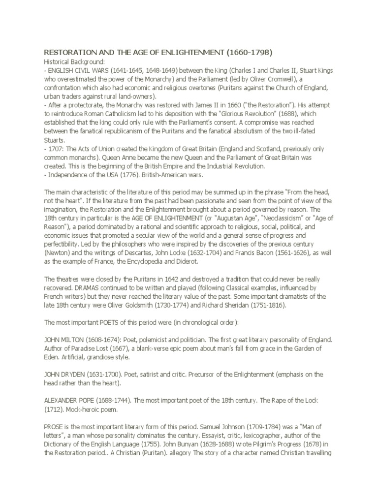 Restoration and Enlightenment Overview | PDF | Whigs (British Political ...