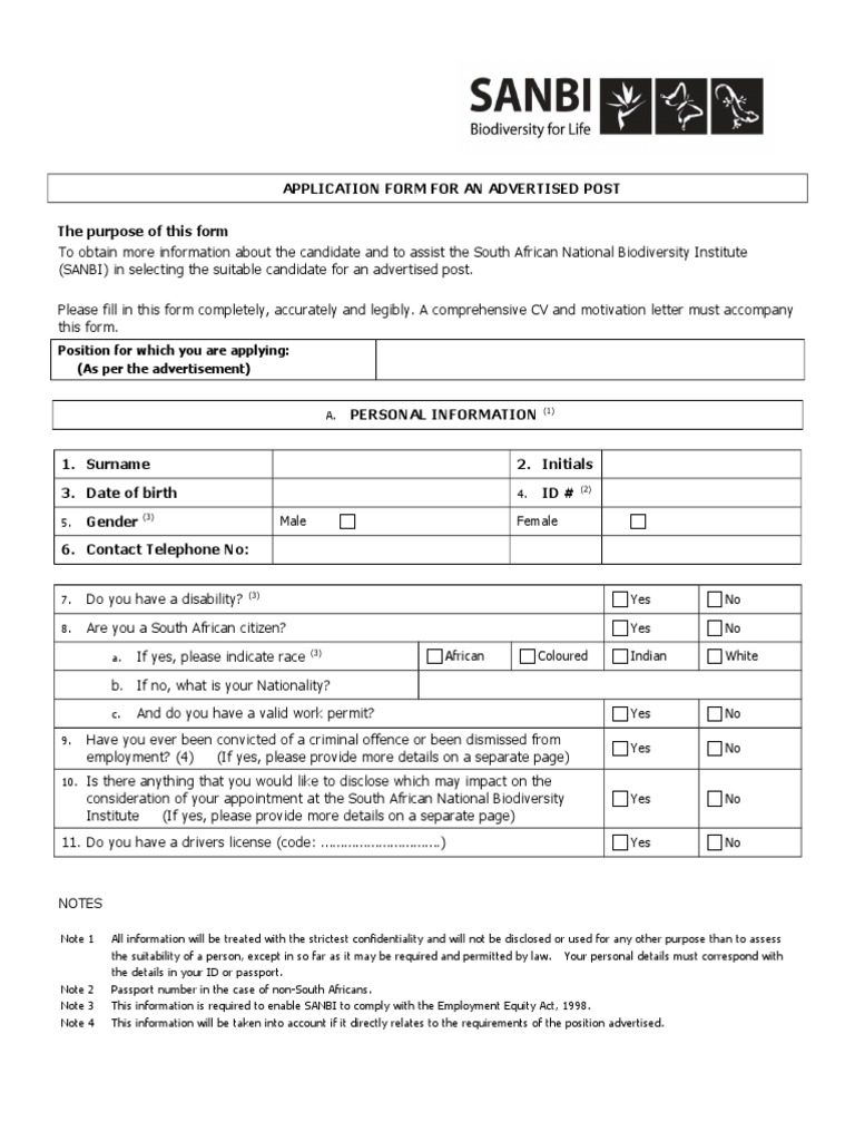 SANBI Job Application Form | PDF | Government And Personhood | Social Institutions