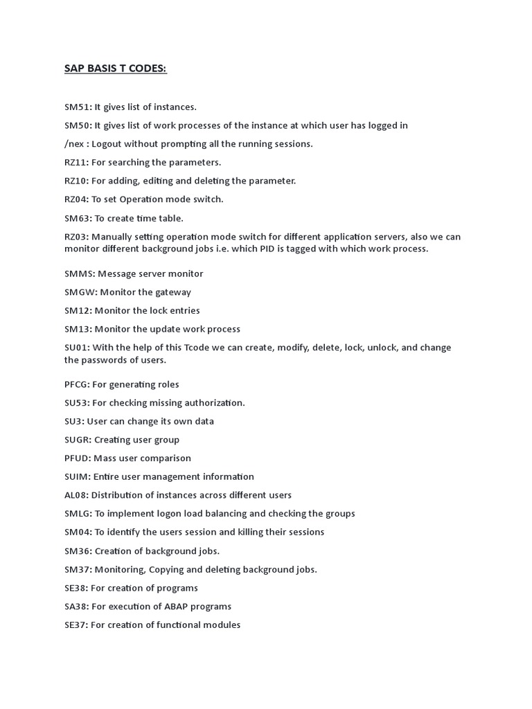 Sap Basis T Codes | PDF | Software | Computer Architecture