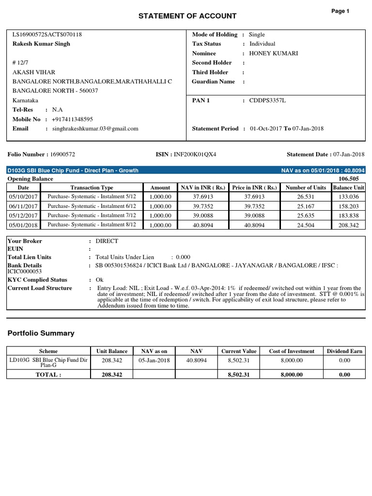 Statement of Account: Date Transaction Type Amount NAV in INR (RS ...