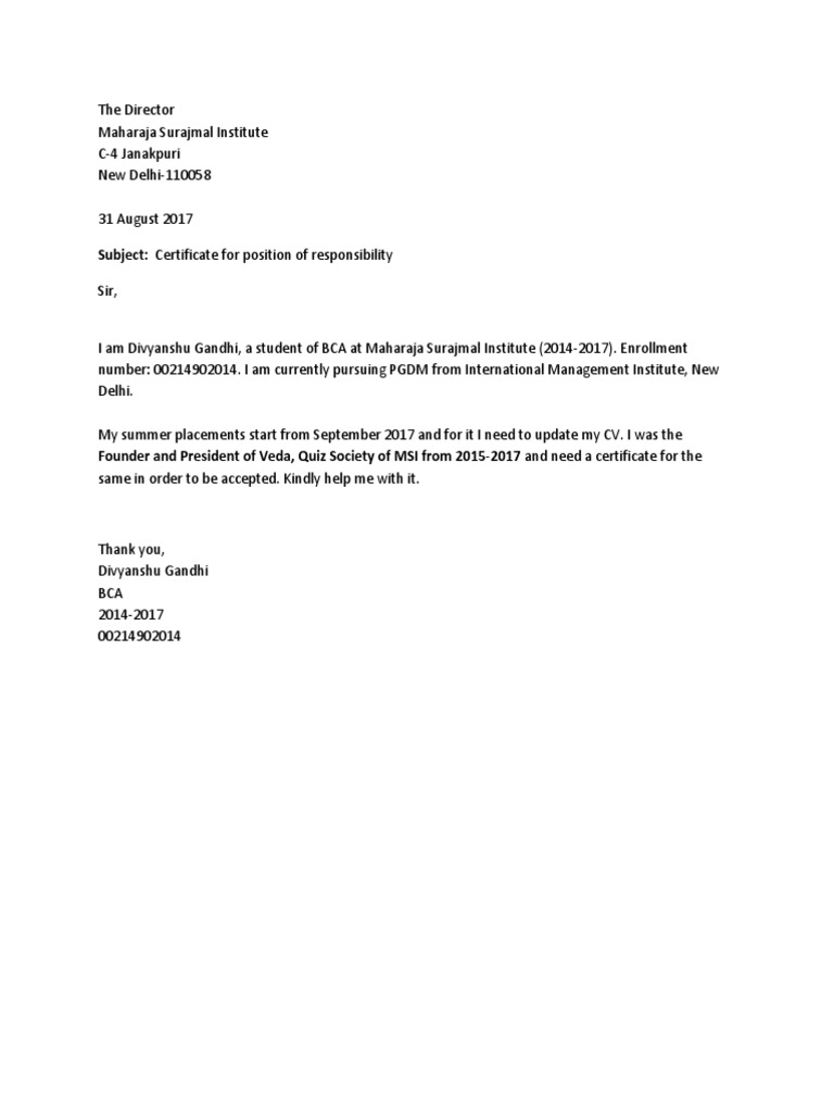 Subject: Certificate For Position of Responsibility | PDF