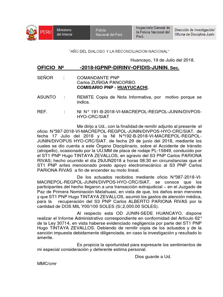 Modelo de Oficio Remitiendo Ni Por Infraccion Huyucachi | PDF | Gobierno | Violencia