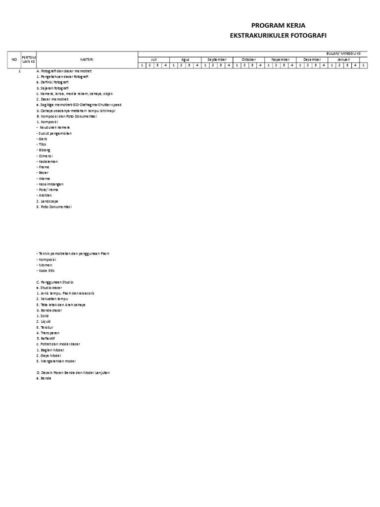 Program Kerja Ekskul Fotografi | PDF