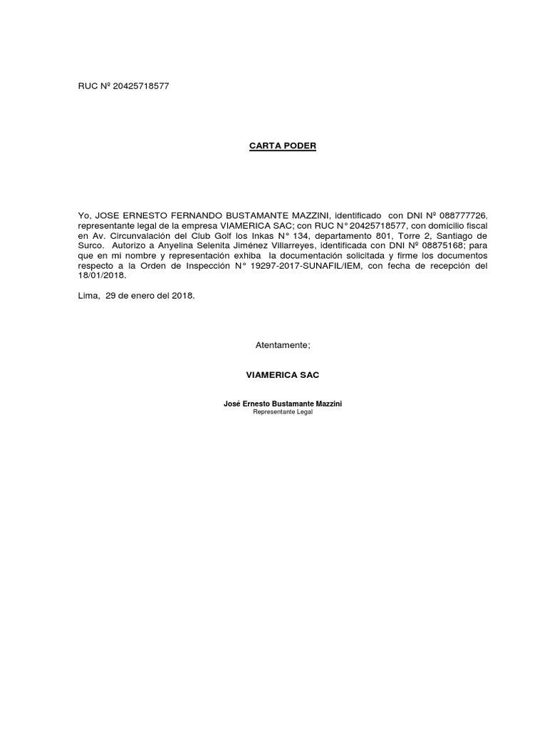 Carta Poder para Inspección SUNAFIL | PDF