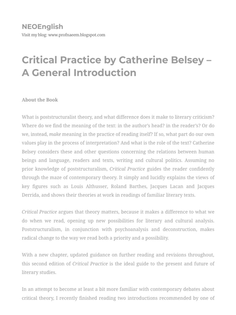 Critical Practice by Catherine Belsey - A General Introduction ...