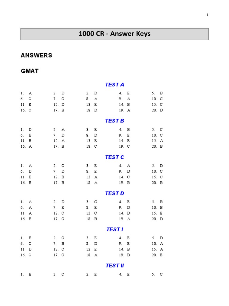 1000 CR - Answer Keys: Answers Gmat | PDF | Leisure