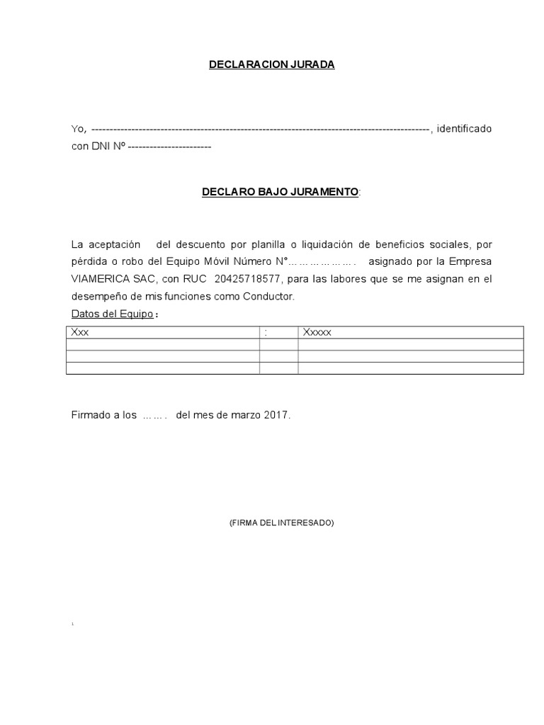 Modelo Decl. Jurada | PDF
