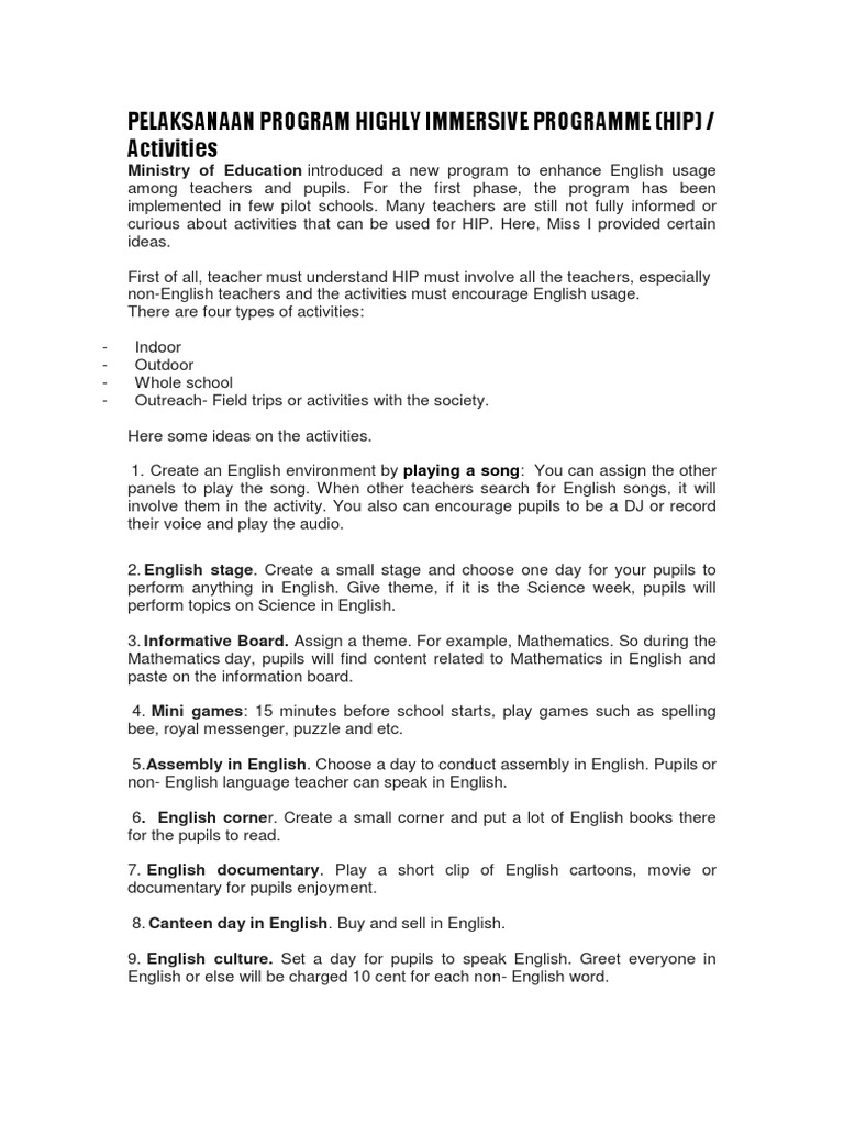 Pelaksanaan Program Highly Immersive Programme (Hip) / Activities | PDF
