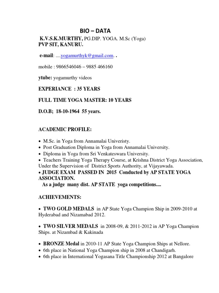 Yoga Master K.V.S.K. Murthy's Bio-data | PDF | Health Care | Academia
