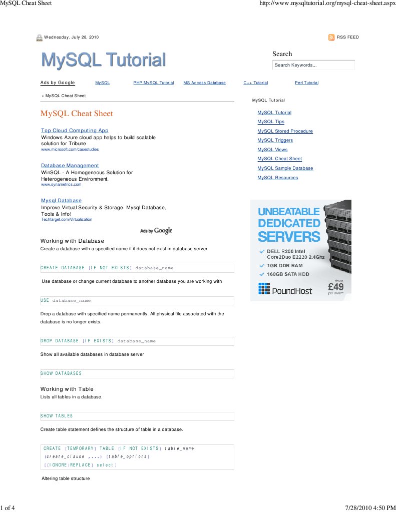 Mysql Cheat Sheet Database Index My Sql 