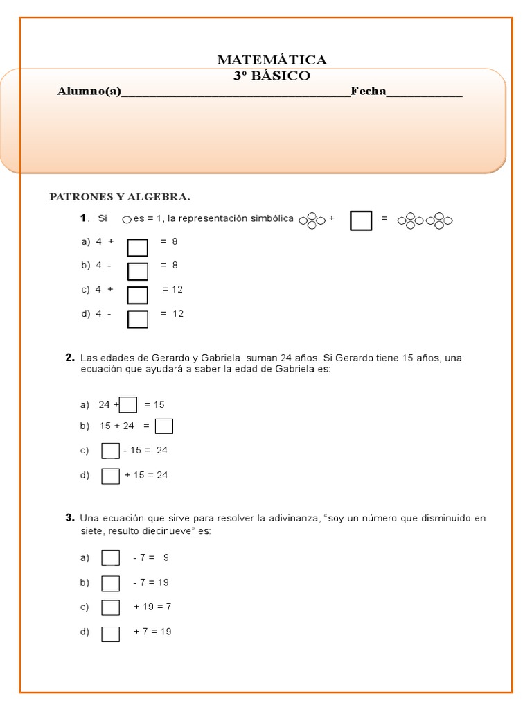 Ejercicios de Patrones y Álgebra 3º Básico | PDF | Álgebra | Ecuaciones
