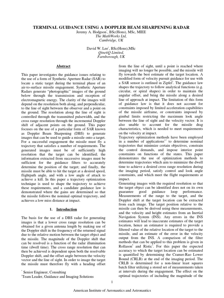 Terminal Guidance Using A Doppler Beam Sharpening Radar: The Mathworks ...