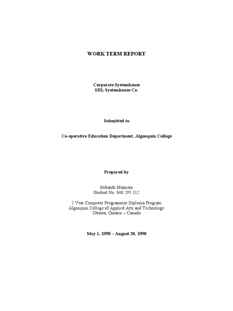 Work Term Report: Corporate Systemhouse SHL Systemhouse Co | PDF ...