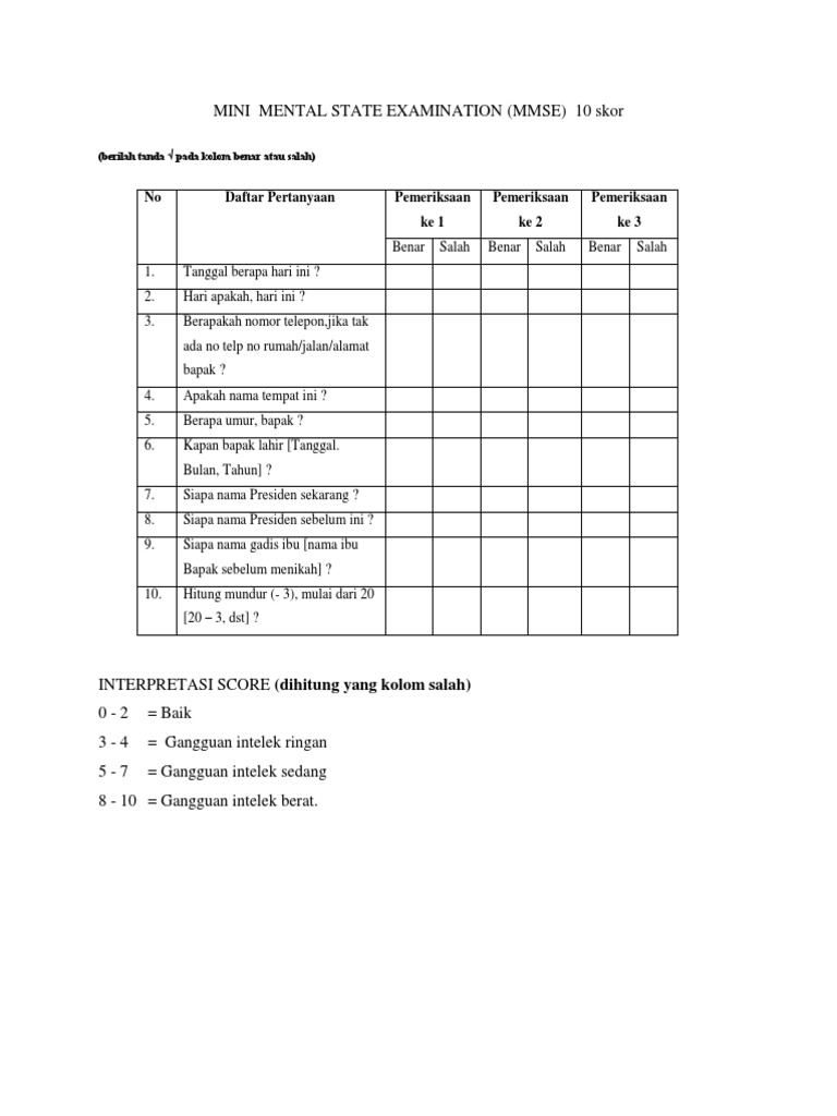 Mini Mental State Examination CDT Skor 10 | PDF