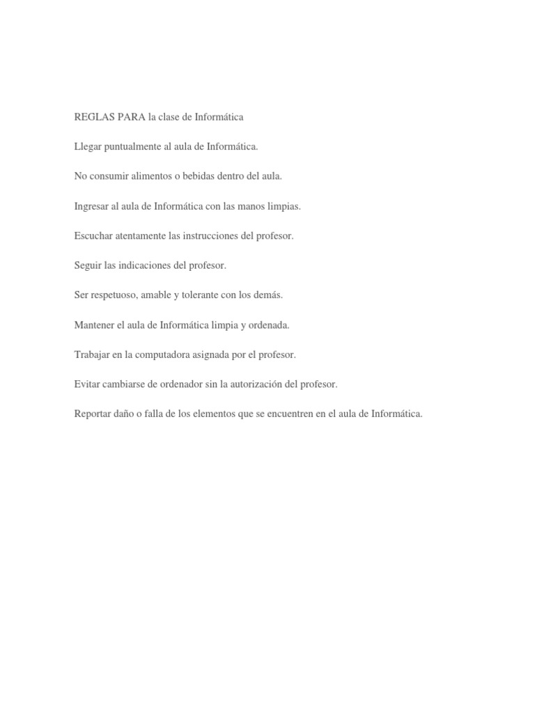REGLAS PARA La Clase de Informática | PDF