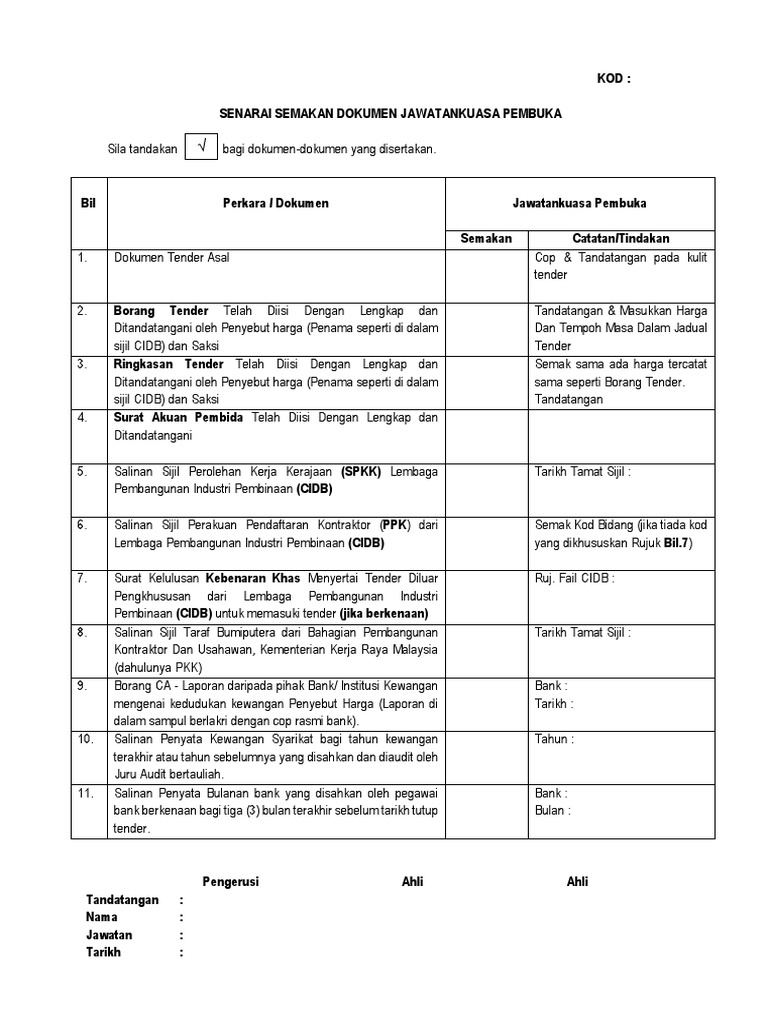Senarai Semakan Dokumen Wajib JK Pembuka Tender | PDF