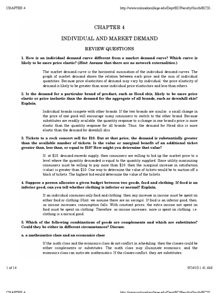 Individual and Market Demand: Review Questions | PDF | Demand | Price ...